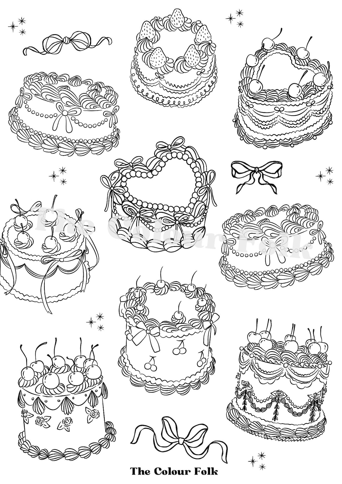 The Colour Folk - Coquette Colouring in Page - Cake & Bows - Designed ...