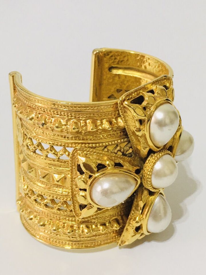BEN AMUN USA 24K Gold Plated Chunky Statement Pearl Cuff Vintage ...
