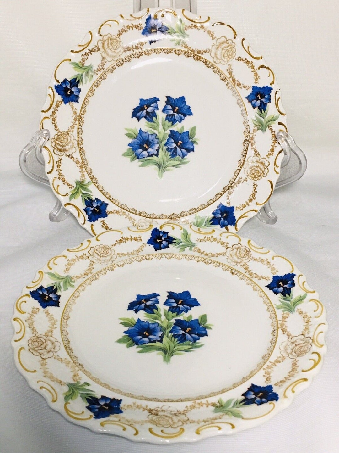 Vintage Schumann Bavaria Porcelain Plates W Bluebells Gold Trim Cottage ...