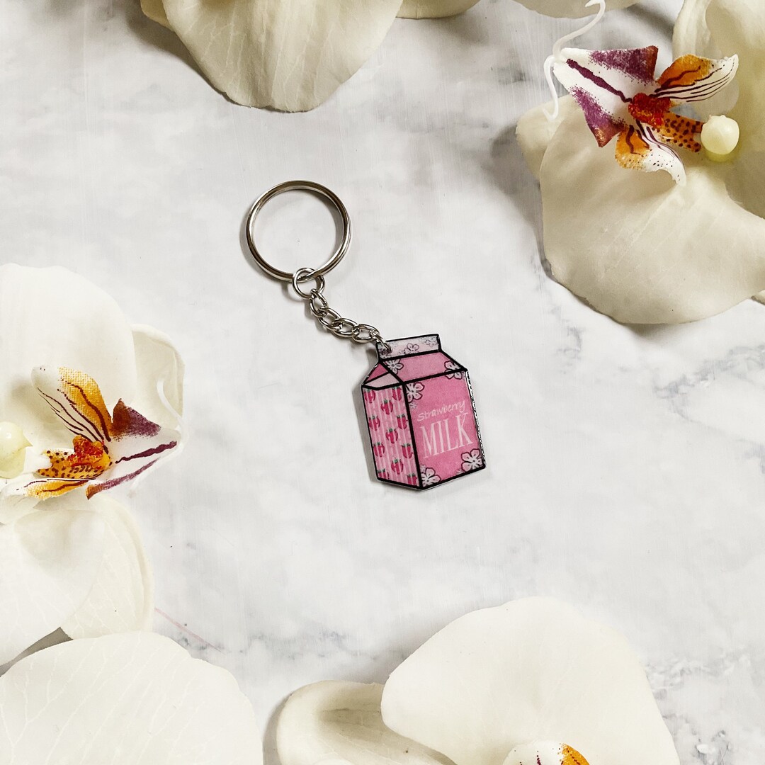 Pink Strawberry Milk Carton Keychain Resin Charm - Etsy