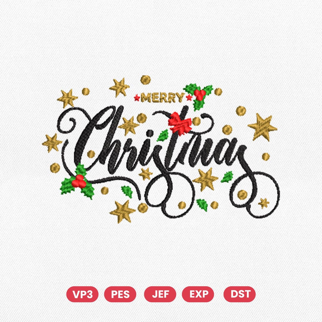 Merry Christmas Embroidery Design, Holiday Script Font With Stars and ...