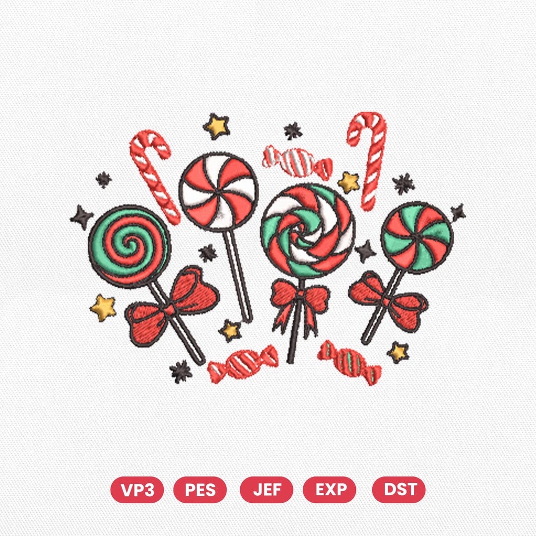 Christmas Candy Embroidery Design, Cute Peppermint Lollipop and Candy ...