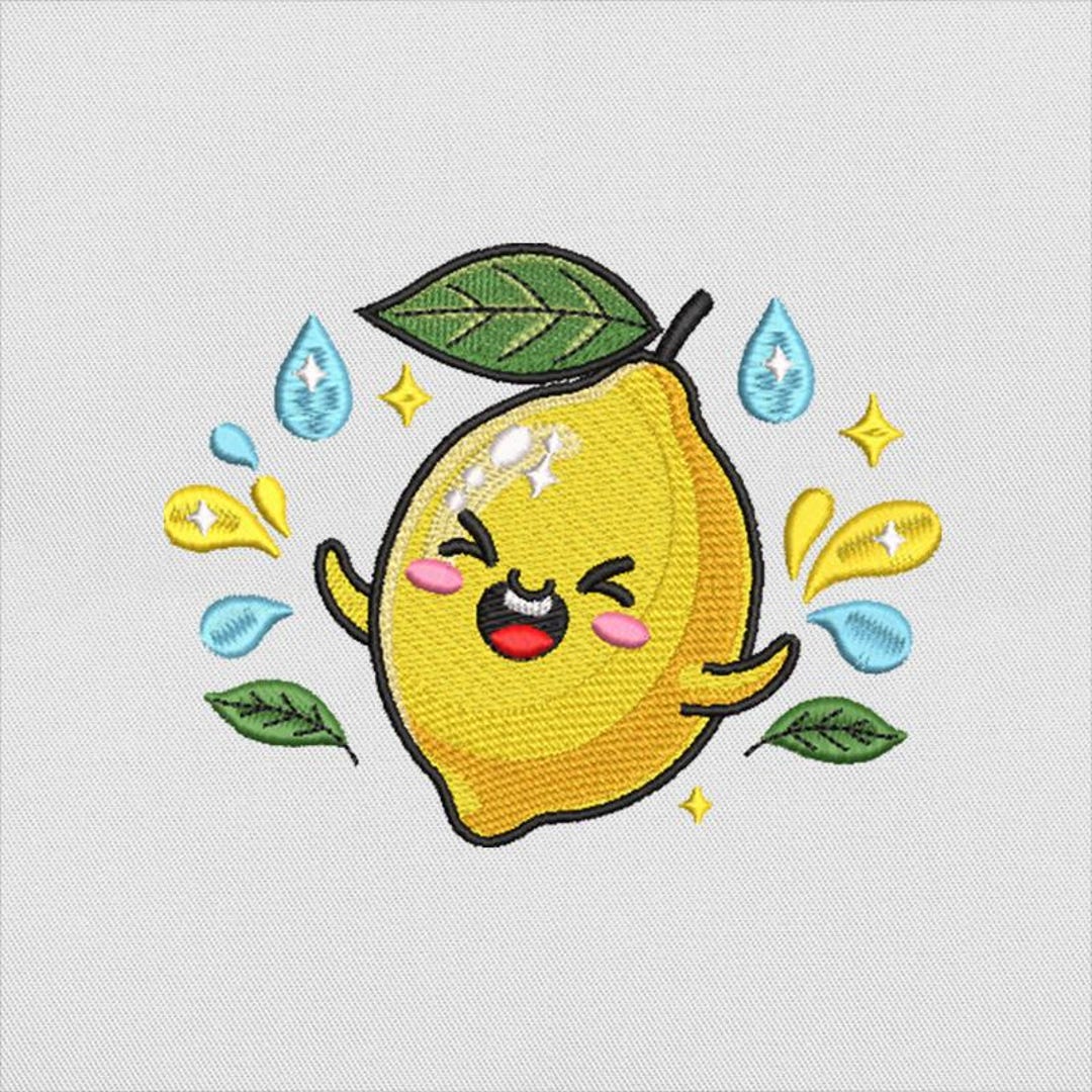 Lemon Embroidery Design, Cute Smiling Lemon With Leaves and Water ...