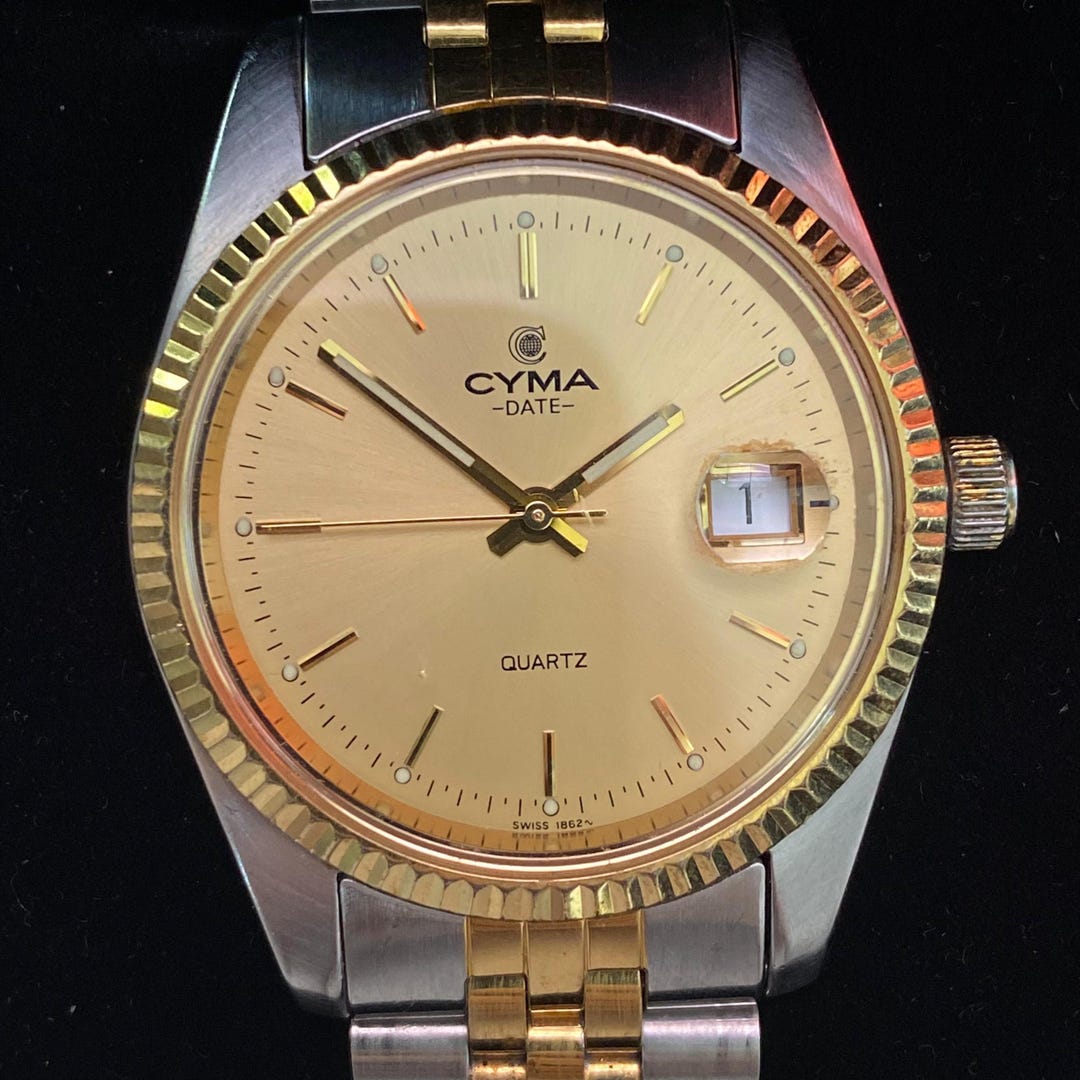 Rare CYMA Date Quartz Gold Dial Two Tone Watch Men Dress Vintage Swiss ...