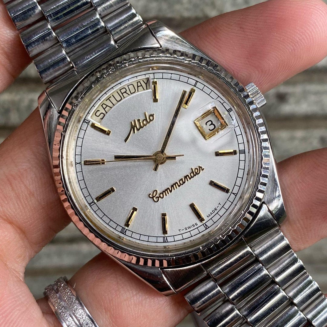 Rare MIDO President Commander Day Date Silver Automatic Vintage Swiss ...