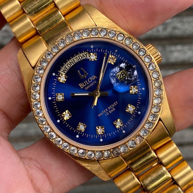 Rare Bulova President Day Date Blue Dial Diamond Gold Quartz Vintage ...
