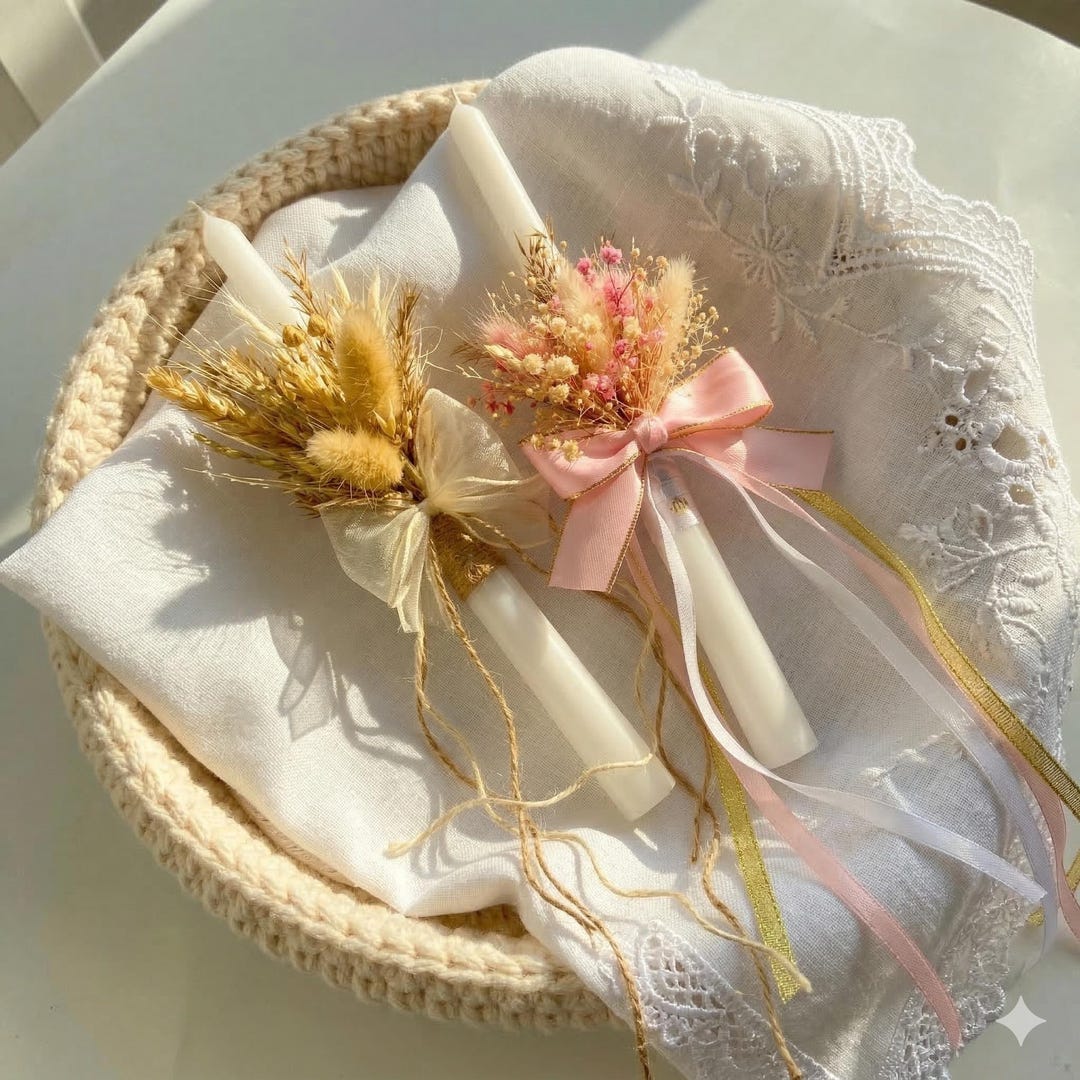 Boho Baptism Dried Flower Taper Candles - Pink Gypsophila or Wheat ...
