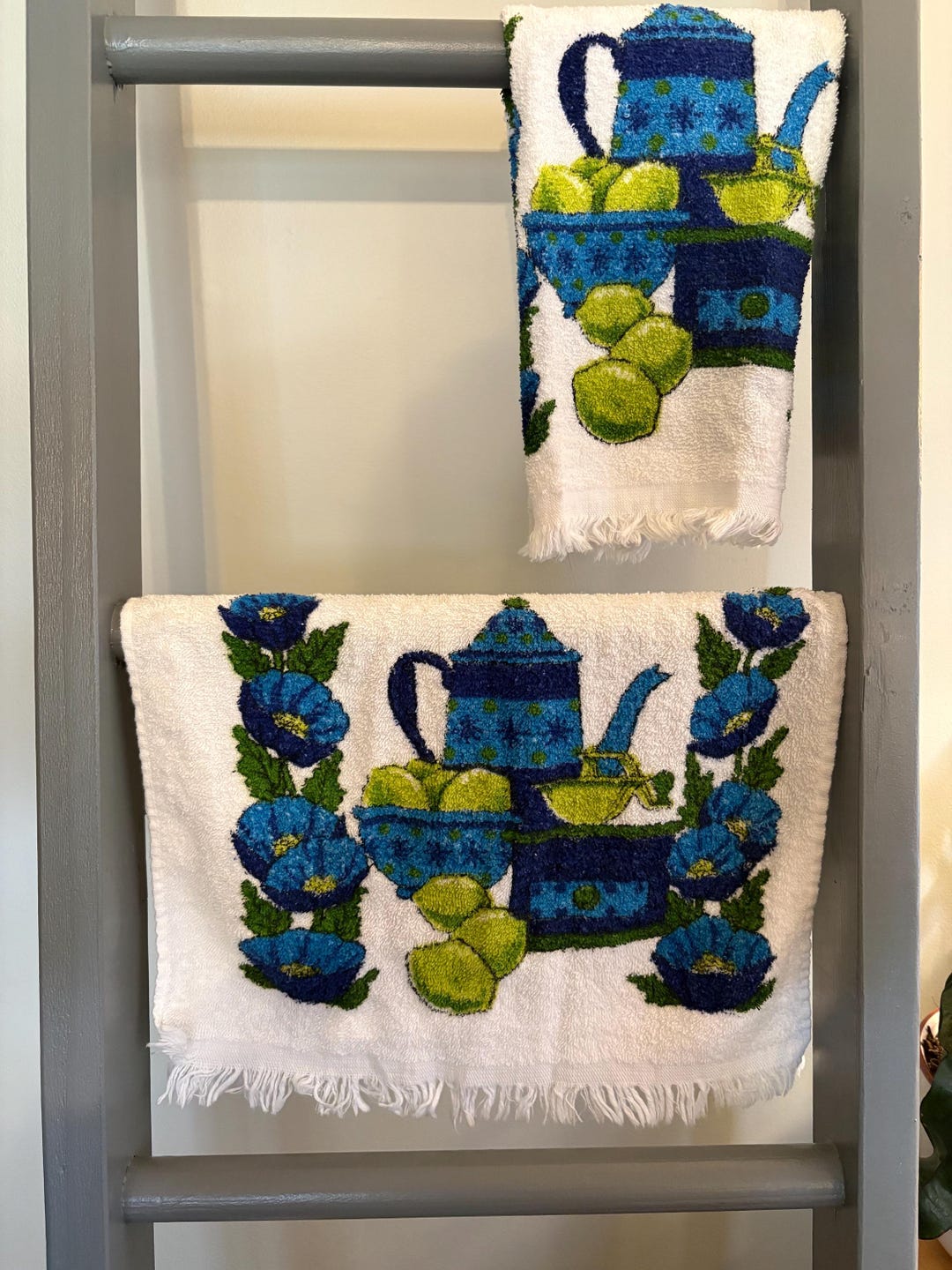 Set of 2 Vintage Cannon Kitchen Towels Blue Green Tea Kettle Lime Terry ...