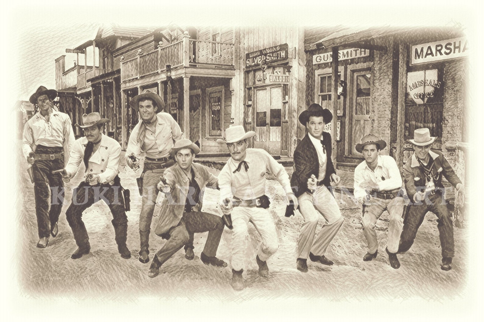 Vintage TV Western Heroes Pencil Art Print: Cheyenne, Maverick, Bronco ...
