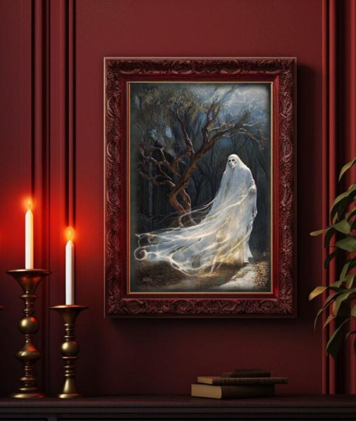 Ghost Art Print White Lady Halloween Wraith in Moonlight Castle SIGNED ...