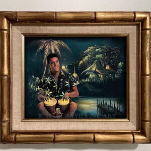Elvis Tiki Hut Bongo Drums Velvet Blue Hawaii Vintage Wall Decor ART ...