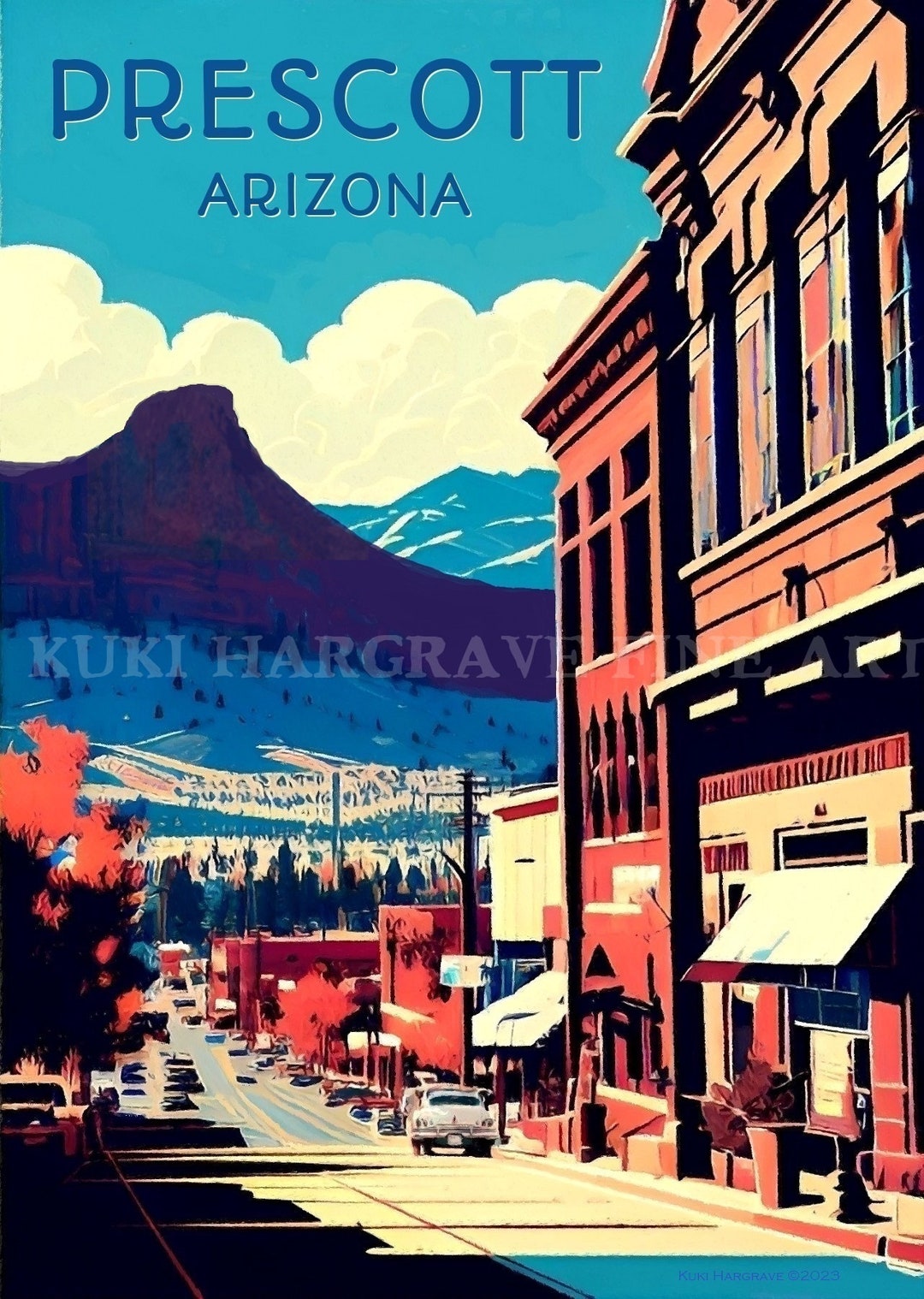 Vintage Prescott Arizona Travel Poster: Gurley Street & Thumb Butte - Etsy