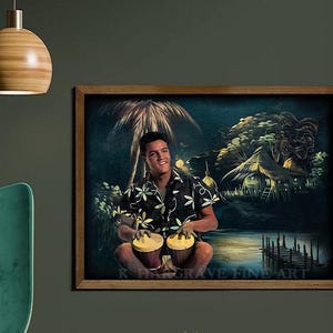 Elvis Tiki Hut Bongo Drums Velvet Blue Hawaii Vintage Wall Decor ART ...