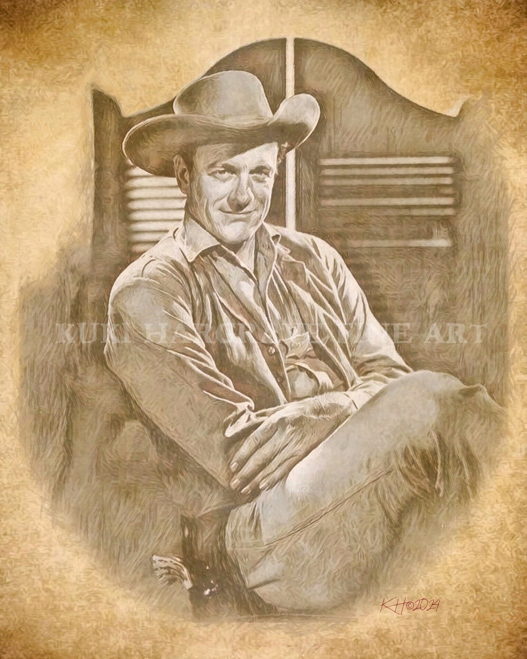 Vintage Wall Decor Gunsmoke Old West Matt Dillon James Arness Television Show SIGNED PRINT From ...