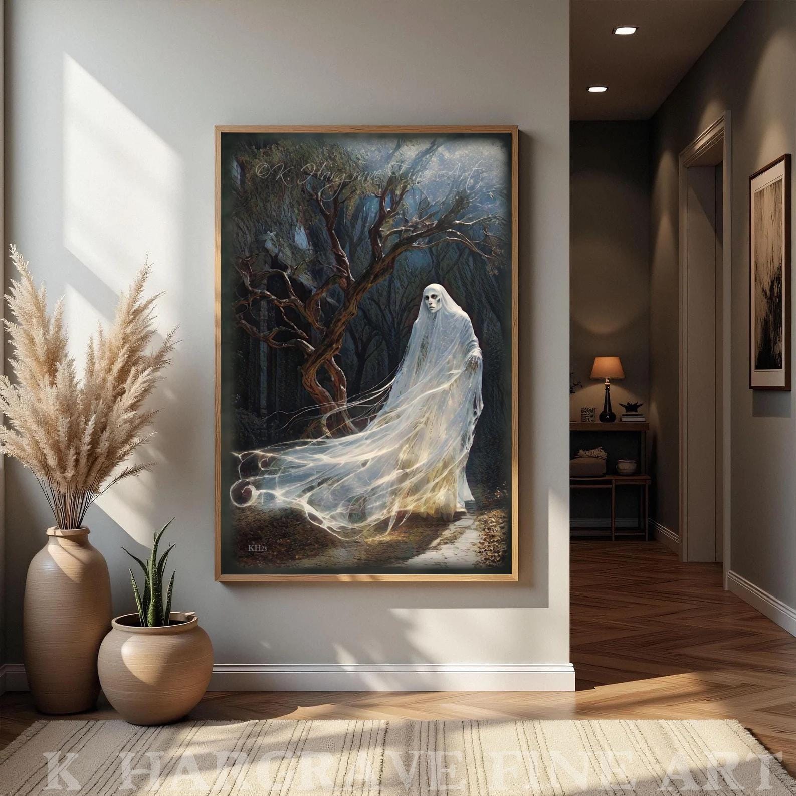 Ghost Art Print White Lady Halloween Wraith in Moonlight Castle SIGNED ...