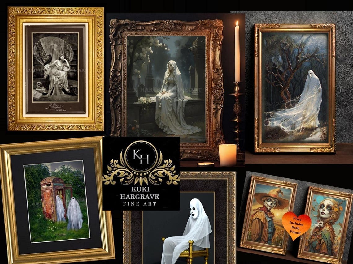Ghost Art Print White Lady Halloween Wraith in Moonlight Castle SIGNED ...