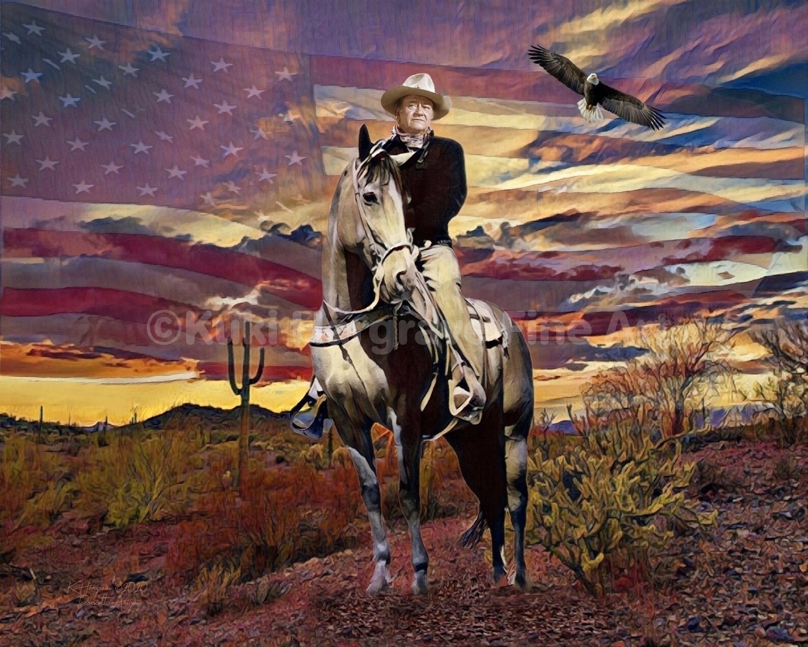 Wall Art Portrait John Wayne Duke Desert Landscape Horse Cowboy Flag ...