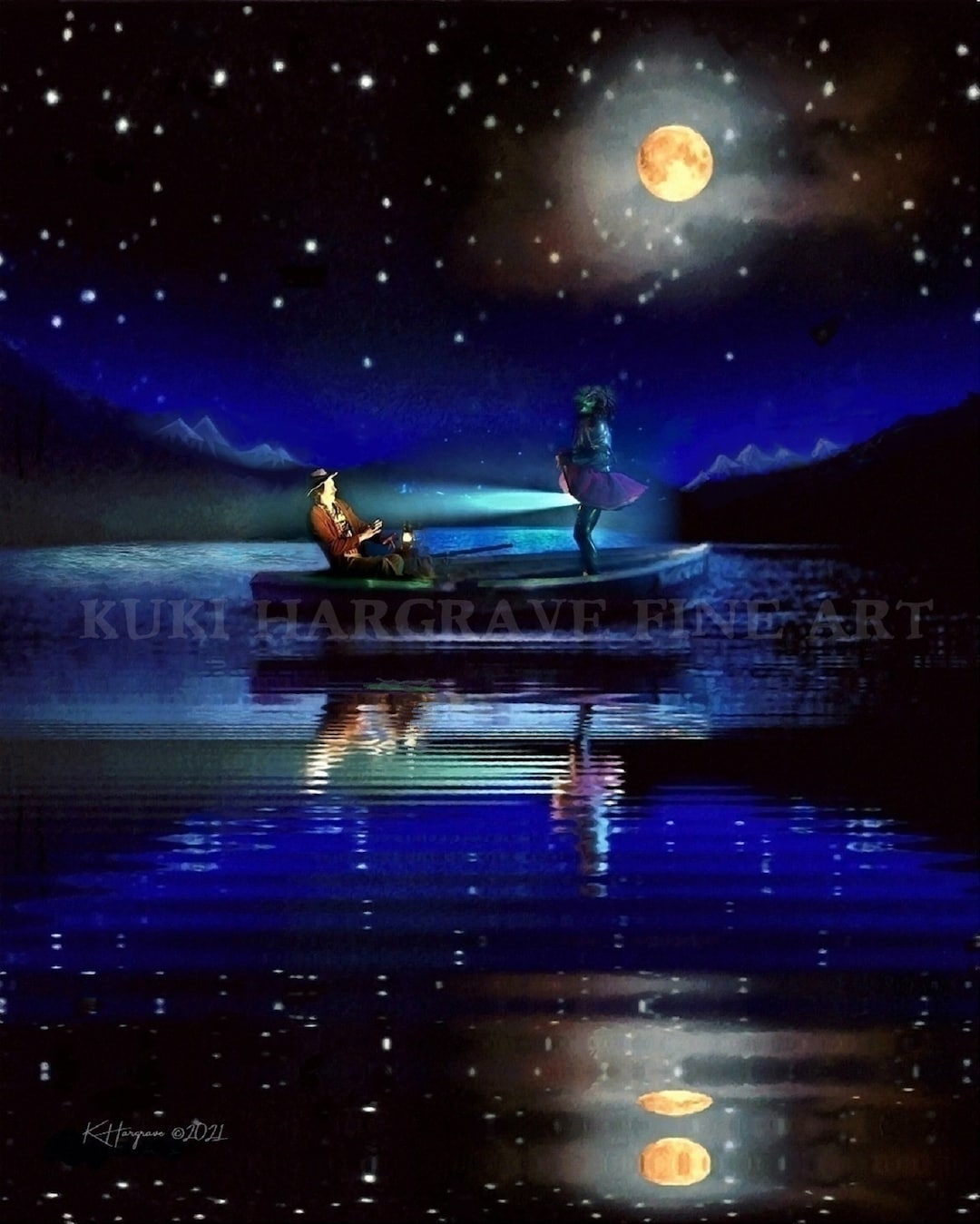 Wall Decor Old Gregg Black Lake Boat Scene Full Moon Cult Legend SIGNED ...