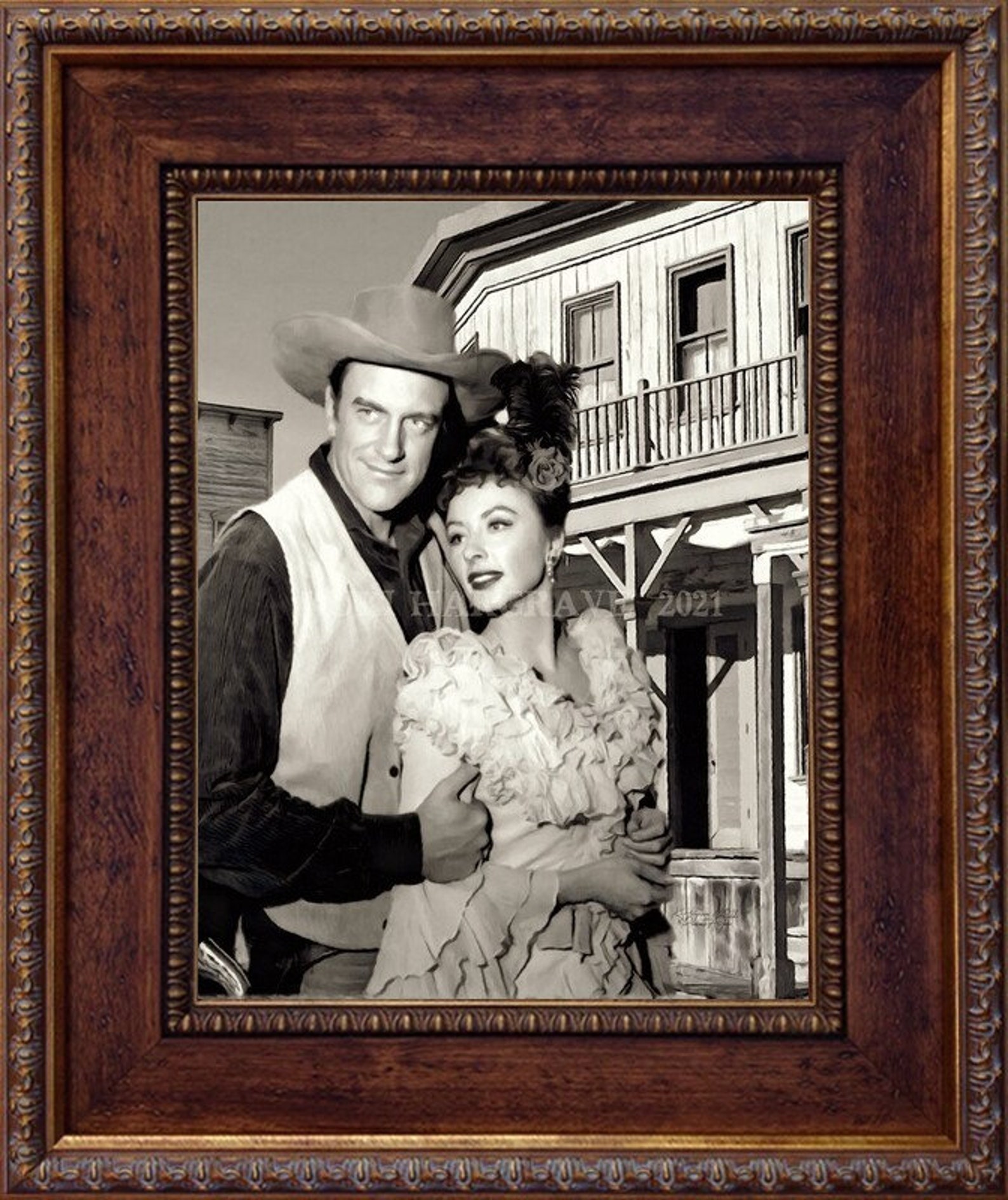 Vintage Wall Decor Gunsmoke Old West Matt Dillon and Miss Kitty SIGNED PRINT From Original ...