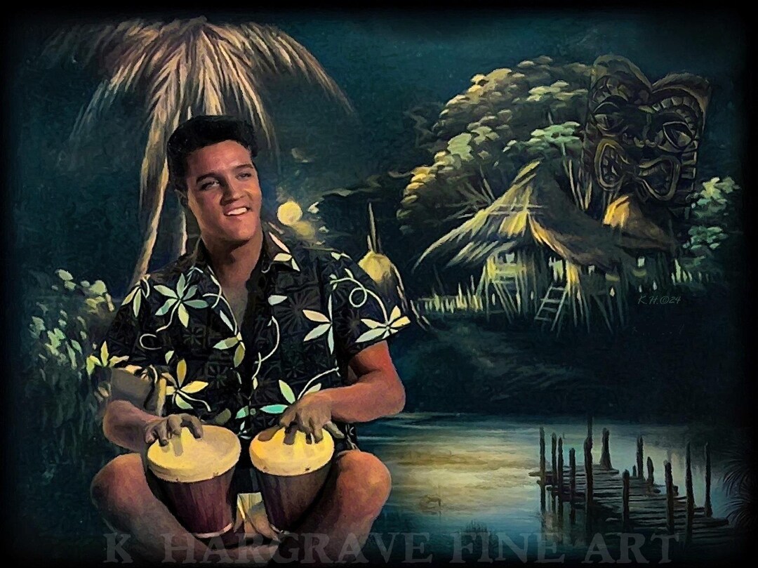 Elvis Tiki Hut Bongo Drums Velvet Blue Hawaii Vintage Wall Decor ART ...