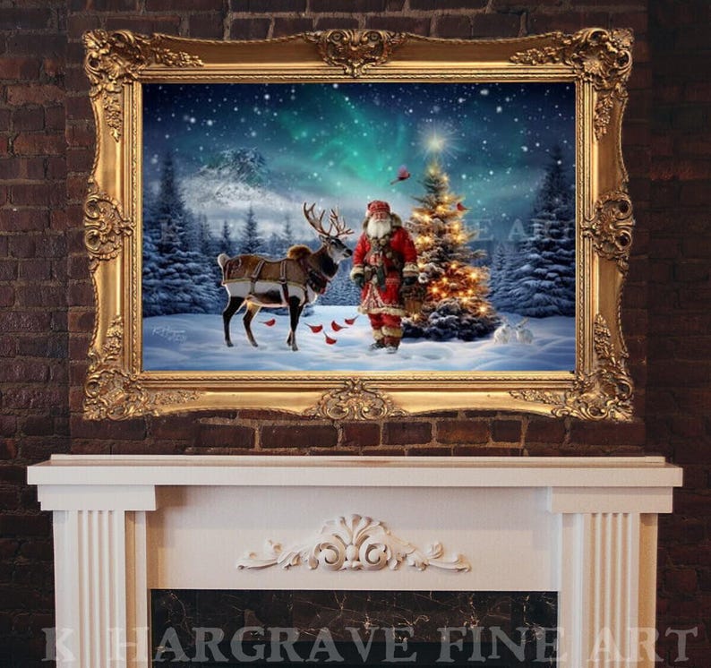 Santa & Reindeer Christmas Print: Old World Winter Landscape Art - Etsy