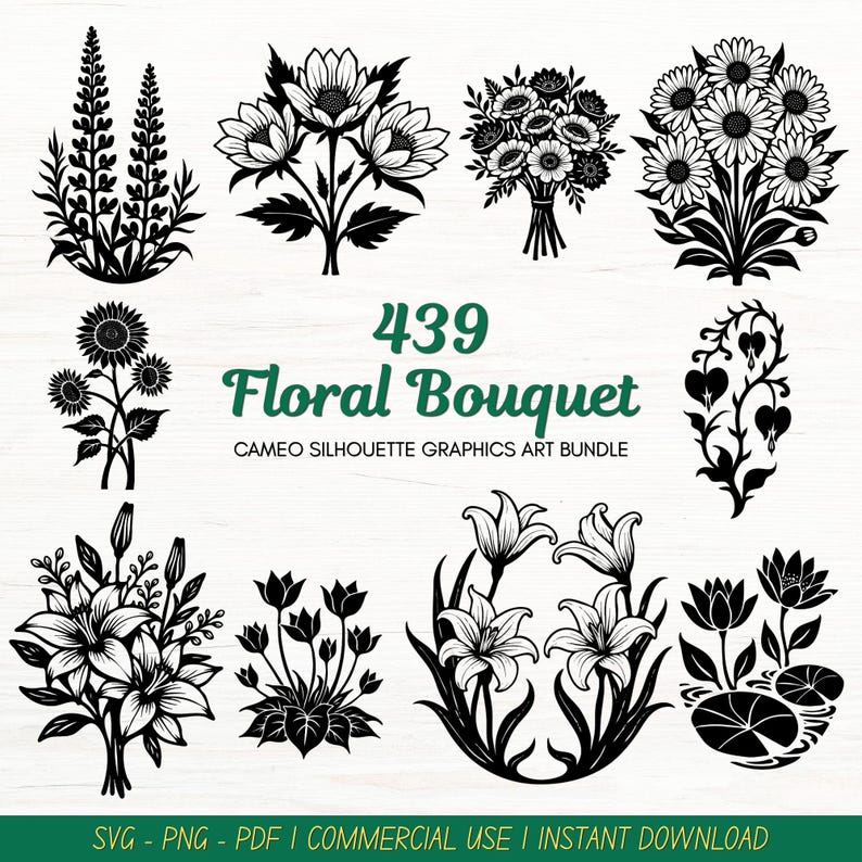 Floral Bouquet Cameo SVG PNG PDF Bundle, Vintage Floral Design (digital ...