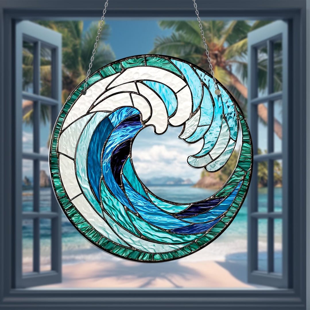 Ocean Wave Window Hanging – Stained Glass Style Coastal Decor – Blue ...