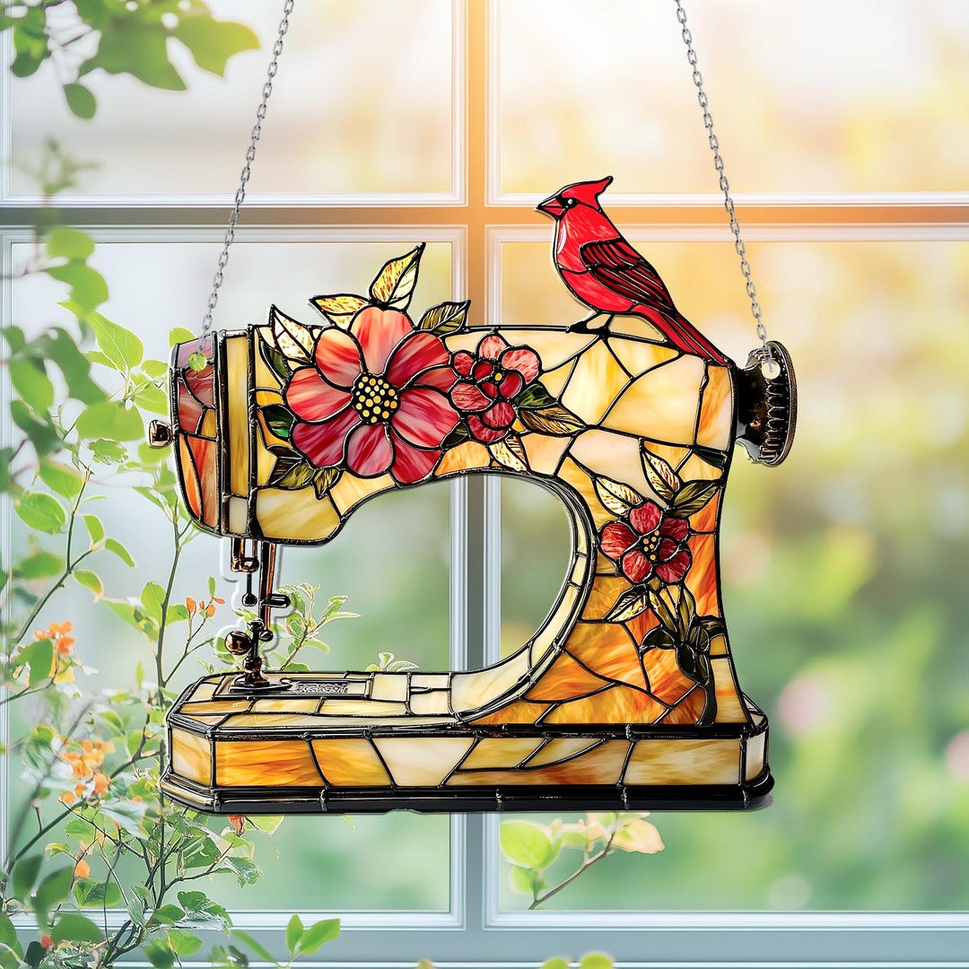 Sewing Machine Stained Glass Window Hanging – Floral Sun Catcher With ...