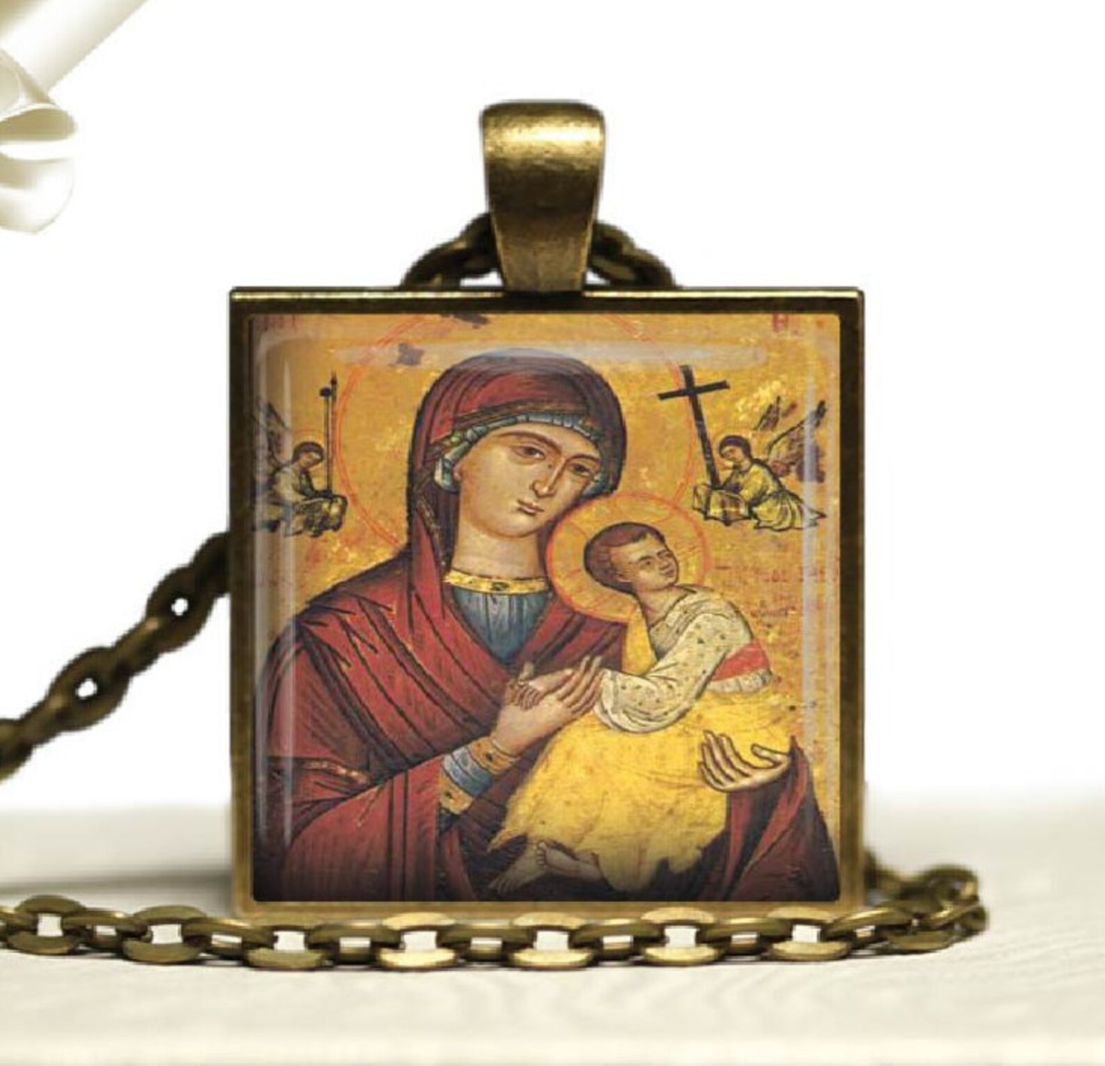 Theotokos Jesus Greek Orthodox Icon Glass Tile Pendant | Etsy