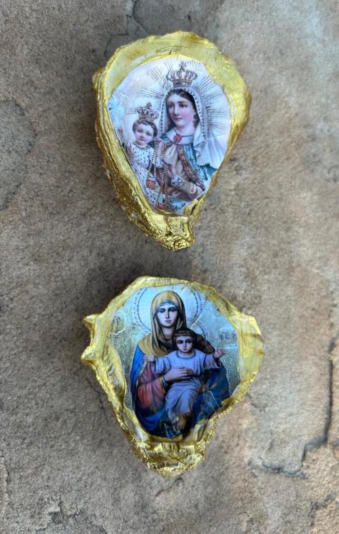 Set Religious Decoupaged Shells, Virgin Mary Oyster Shell, Trinket Ring ...