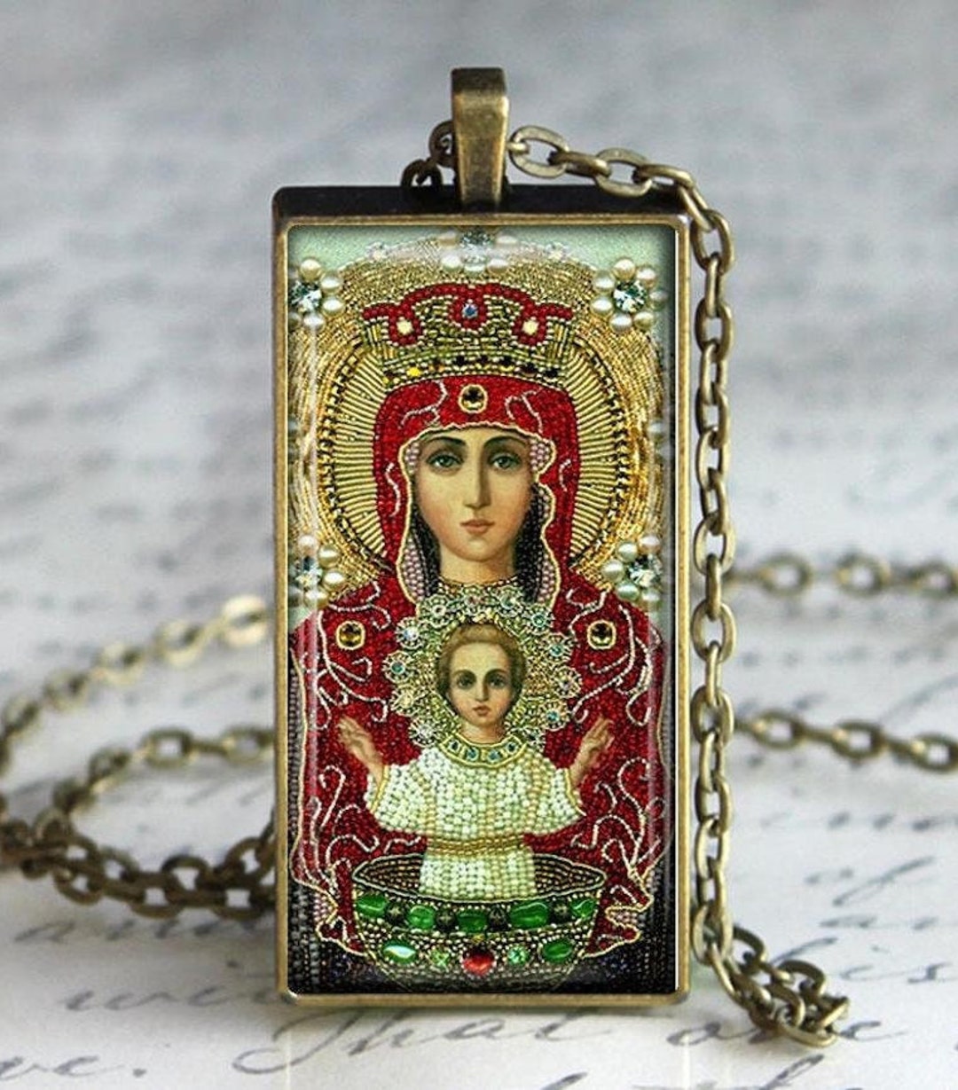 Virgin Mary Orthodox Icon Necklace Religious Glass Tile Pendant Etsy