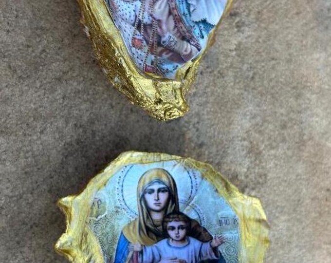 Set Religious Decoupaged Shells, Virgin Mary Oyster Shell, Trinket Ring ...