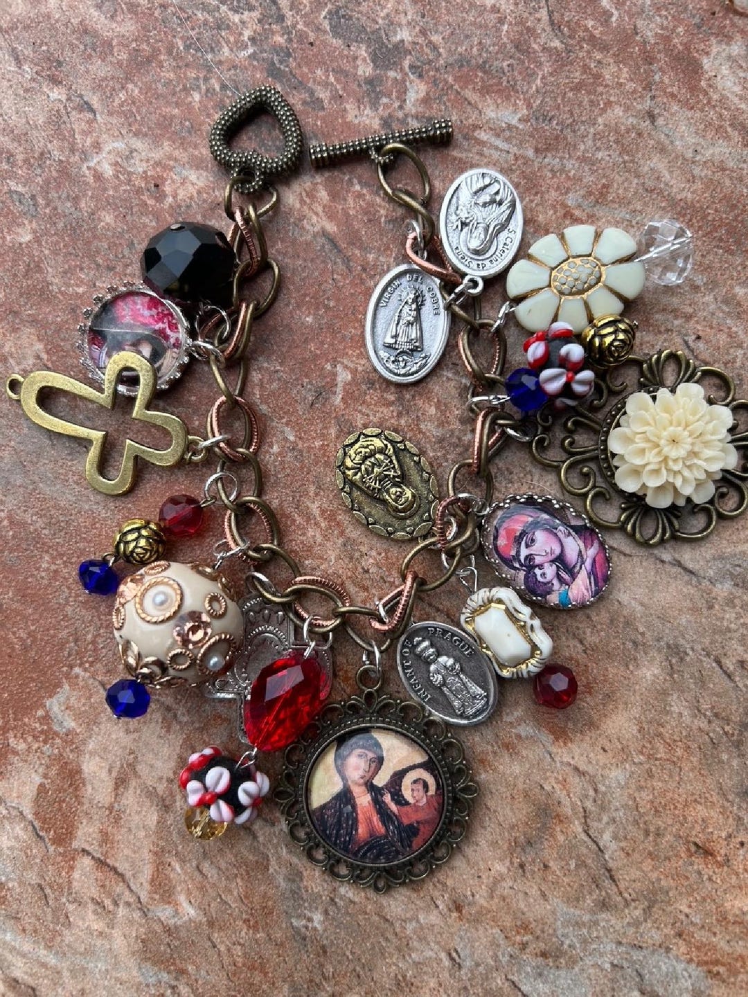 Religious Chunky Charm Bracelet, Theotokos Jewelry, Holy Medal Cross ...