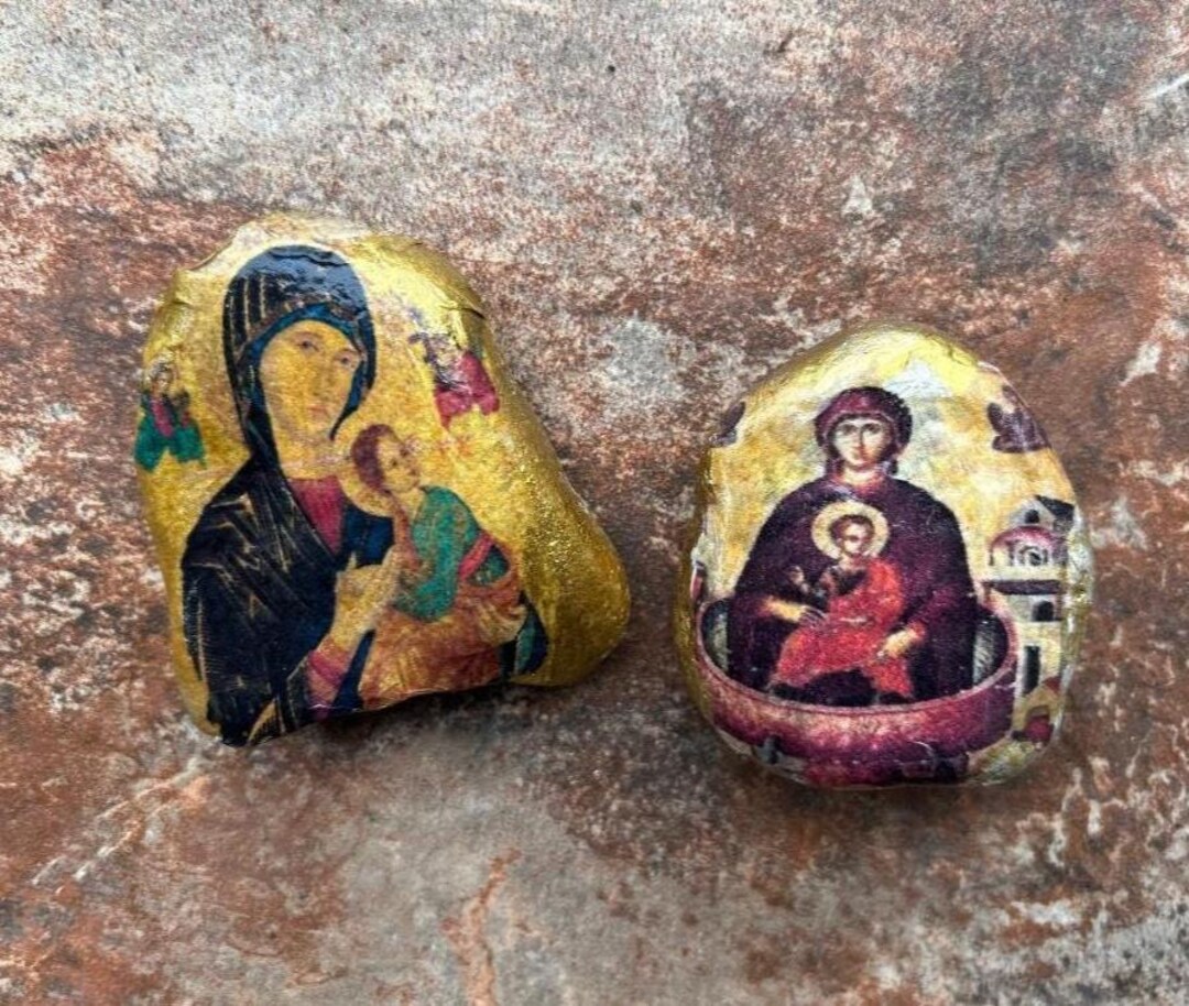 Set Greek Orthodox Icon Decoupaged Rocks, Theotokos Life Giving Spring ...