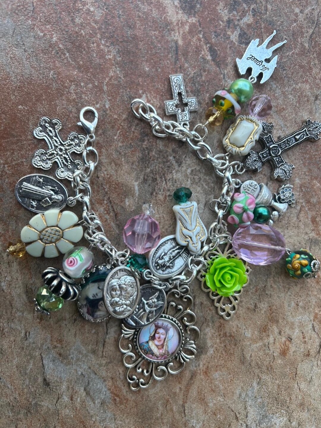 Religious Charm Bracelet, Catholic Icon Bracelet, Holy Medal Jewelry ...