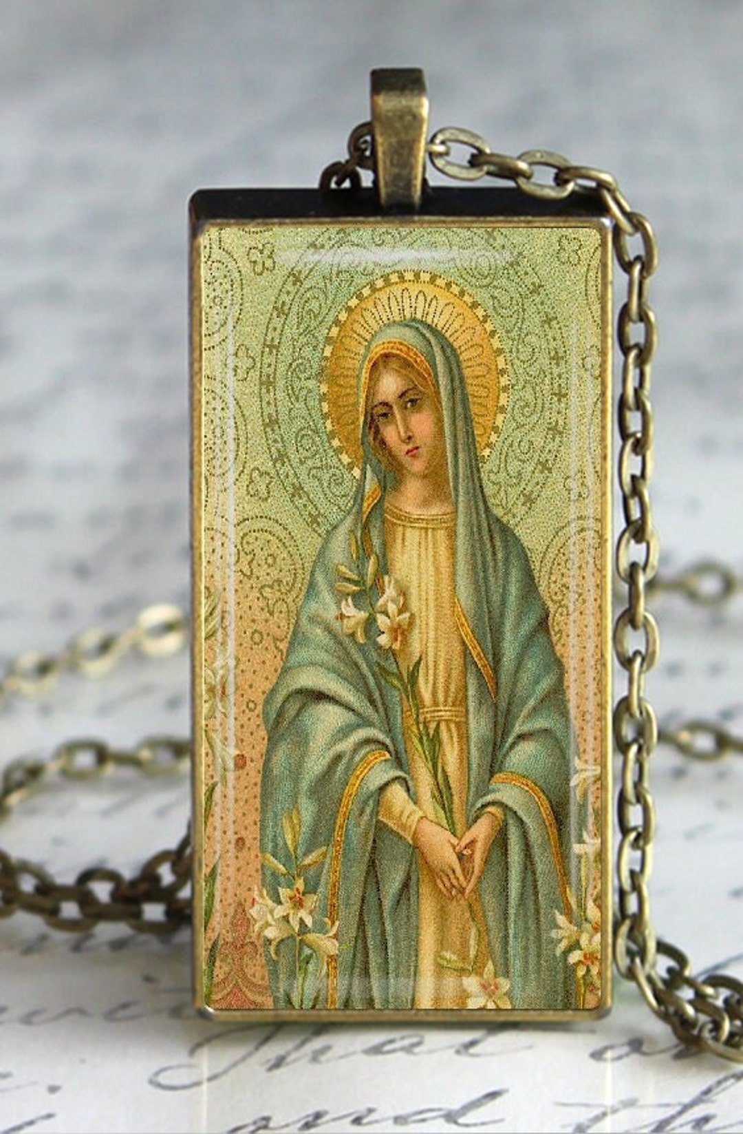 Lady of the Lilies, Catholic Pendant Necklace, Antique Holy Card ...