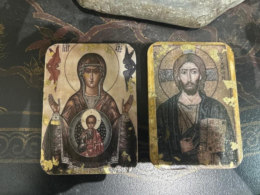 Small Wooden Religious Orthodox Icons, Theotokos Jesus Christ Rustic ...