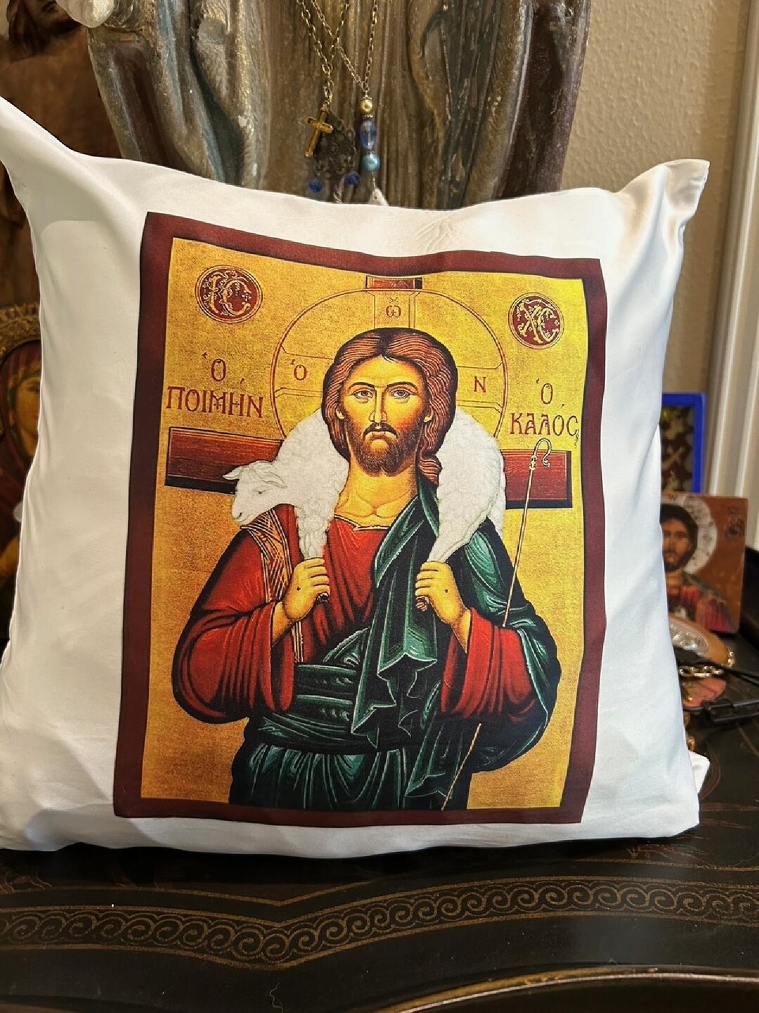 Jesus Christ Pillow Cover, Good Shepherd Greek Orthodox, Orthodox Icon ...