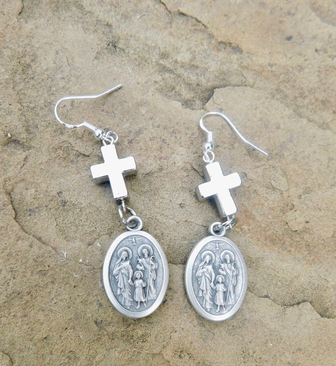 Religious Holy Medal With Cross Earrings Holy Family Dangling - Etsy