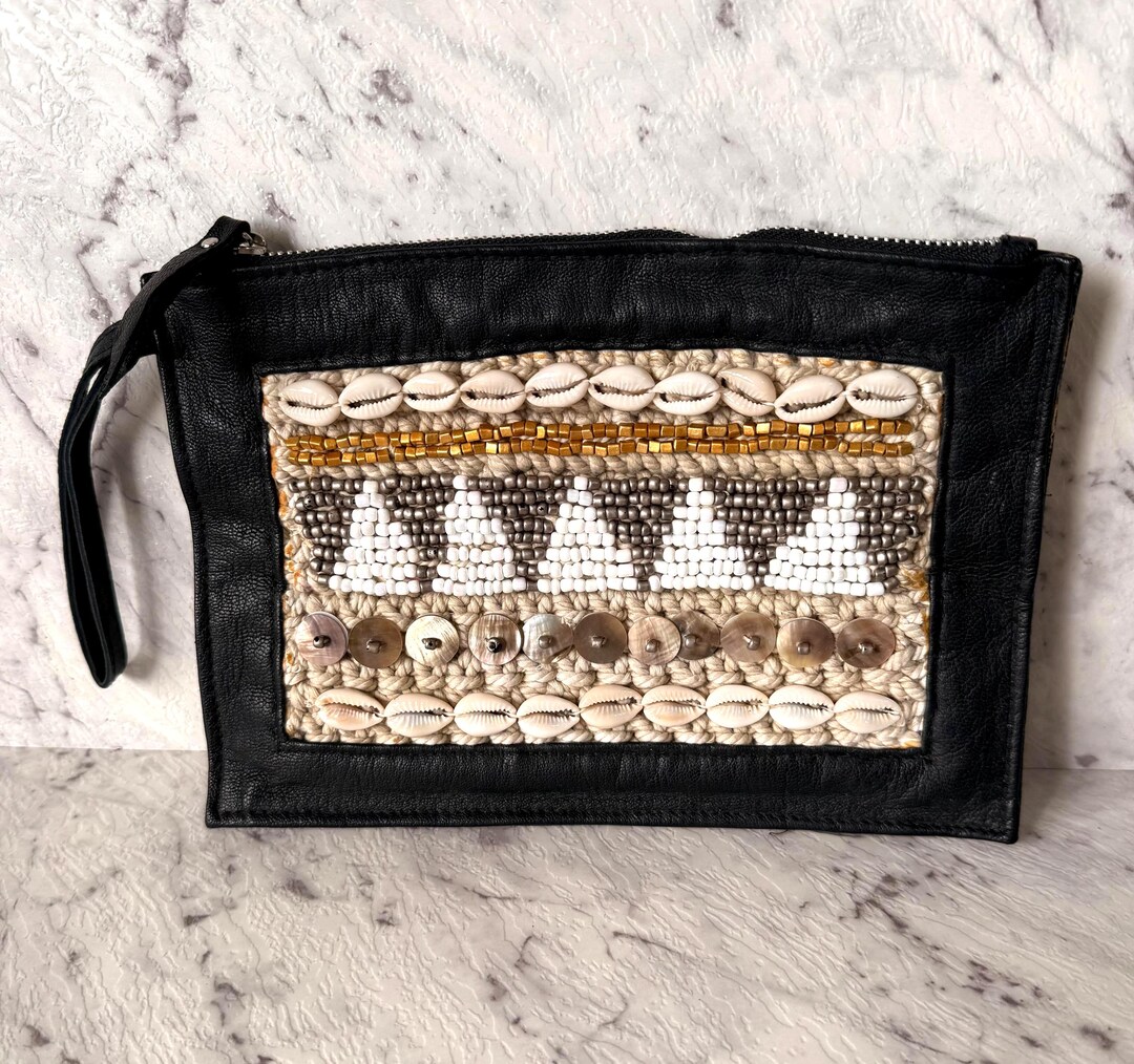 Handmade Leather Clutch With Cowrie Shells, Beaded Boho Festival ...