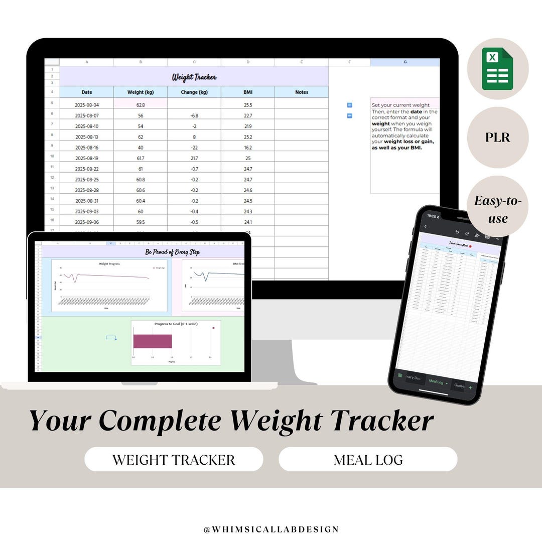 Weight Tracker Spreadsheet | BMI, Meal Log, Progress Chart (excel ...