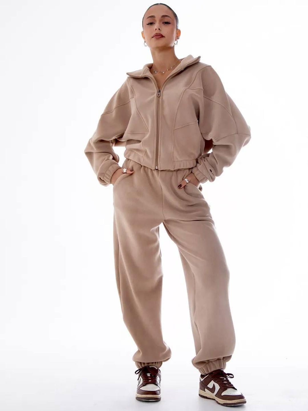 Beige Women’s Fleece Tracksuit – Cozy Double Sided Fleece Two Piece Set ...