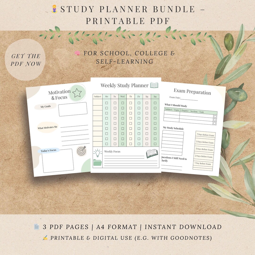 Study Planner Bundle – Printable PDF for School, College & Self ...
