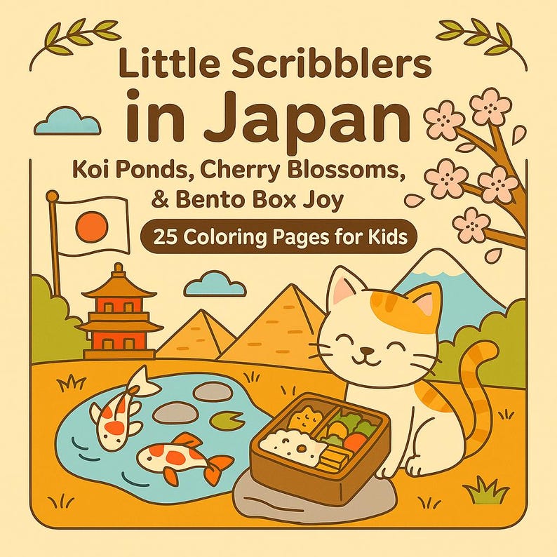 Japan Coloring Pages for Kids: Koi Ponds & Cherry Blossoms (digital ...
