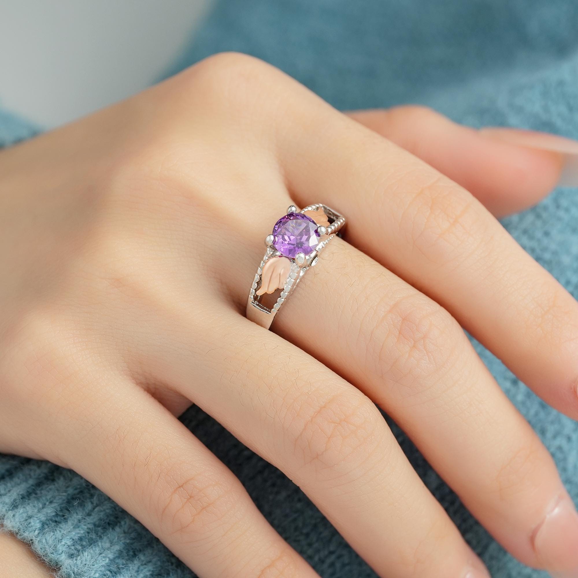 Personalized Hug From Heaven Memorial Angel Wings Ring, Birthstone ...