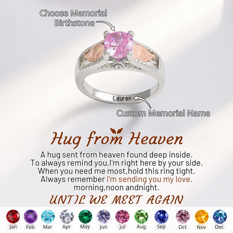 Personalized Hug From Heaven Memorial Angel Wings Ring, Birthstone ...