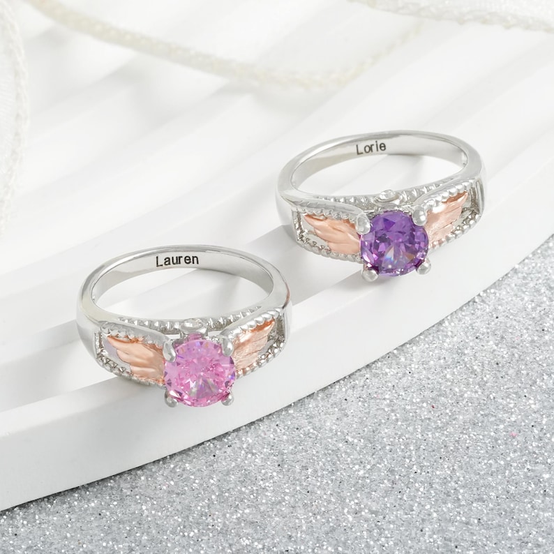 Personalized Hug From Heaven Memorial Angel Wings Ring, Birthstone ...