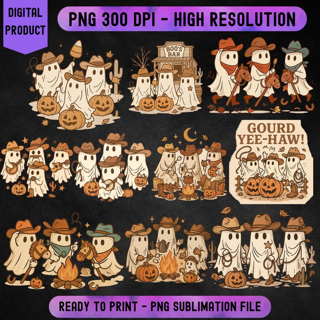 Ghost Cowboy PNG Bundle, Western Halloween Clipart, Spooky Cowgirl ...