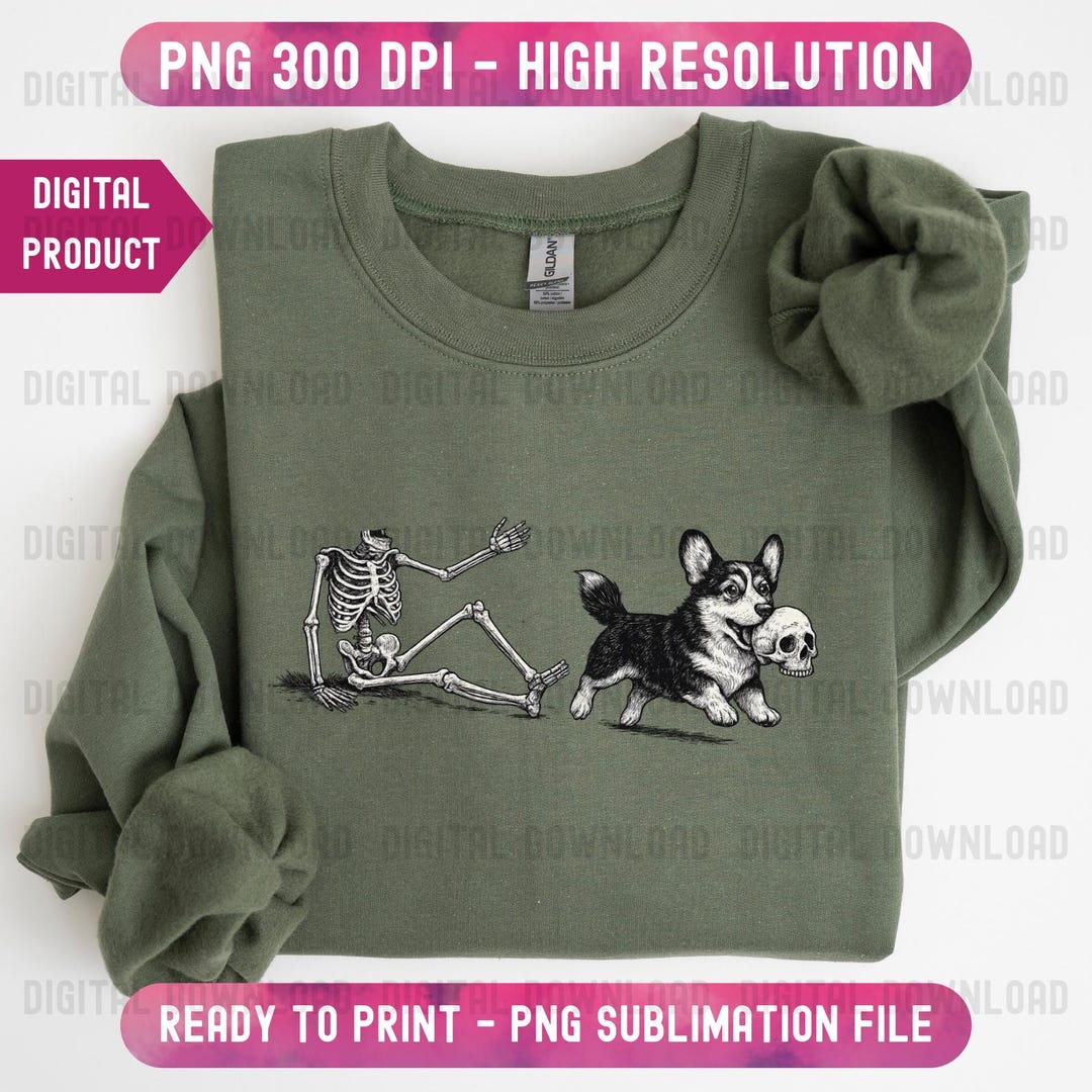 Spooky Corgi With Skull PNG, Halloween Skeleton Dog Clipart, Gothic Ink ...