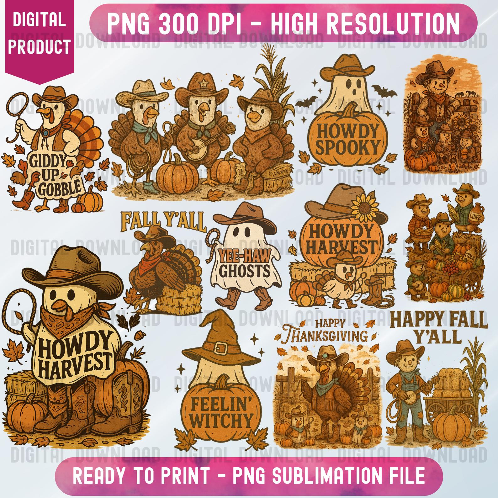 Thanksgiving Cowboy Turkey PNG Bundle, Fall Autumn Harvest Clipart ...
